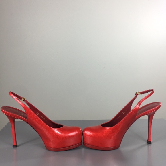 Yves Saint Laurent | Shoes | Ysl Red Tribtoo Platform Slingback Heels ...